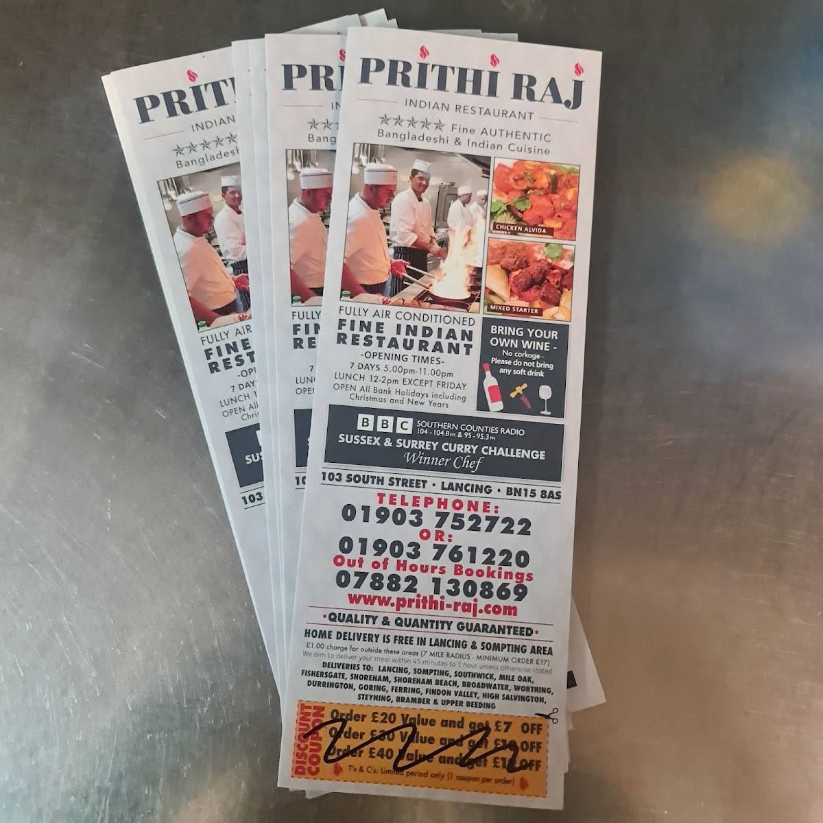 Menu at Prithi Raj Lancing restaurant, Lancing