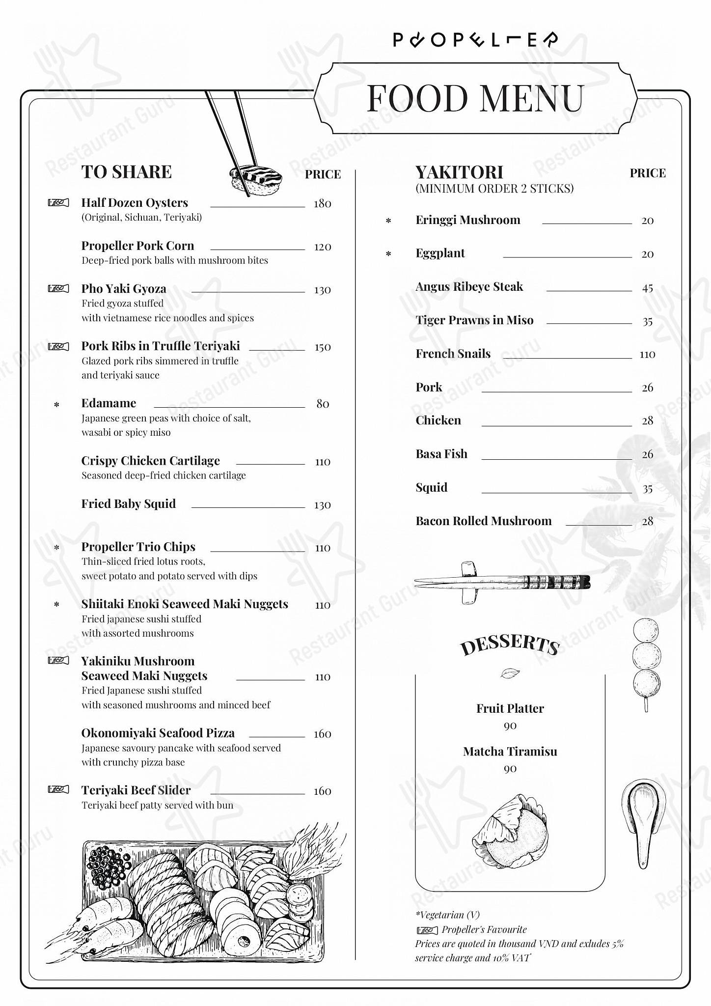 Menu at Propeller Rooftop Bar HCM, Ho Chi Minh City