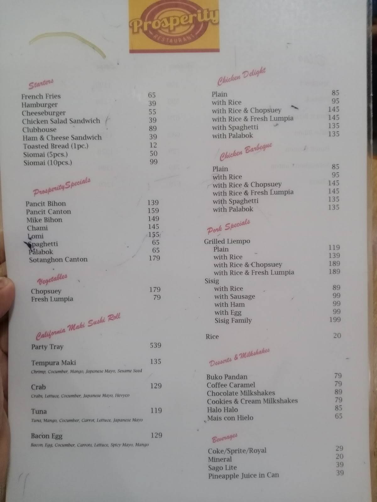 Menu at Prosperity Food House restaurant, San Pablo City, 389F+VWM