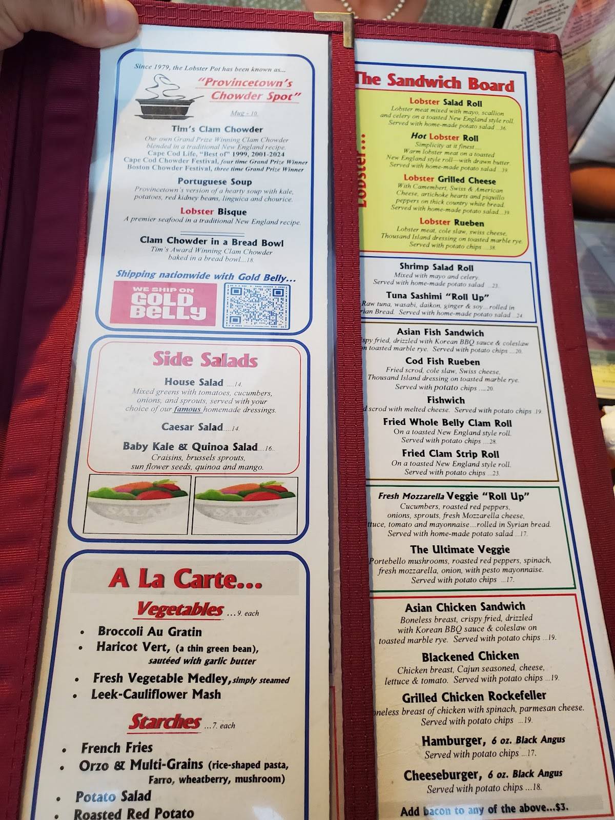 Menu at The Lobster Pot restaurant, Provincetown
