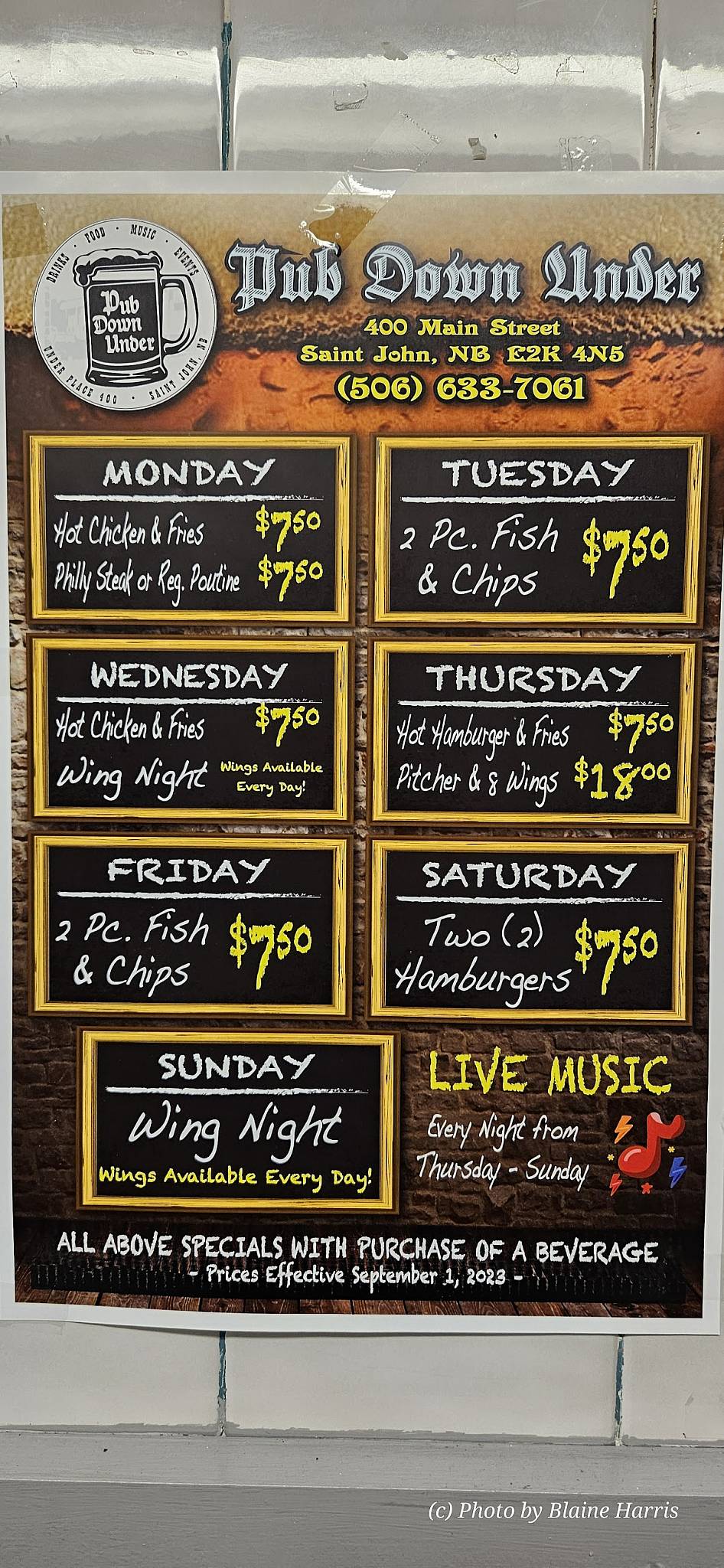 Menu at Pub Down Under, Saint John, Place 400