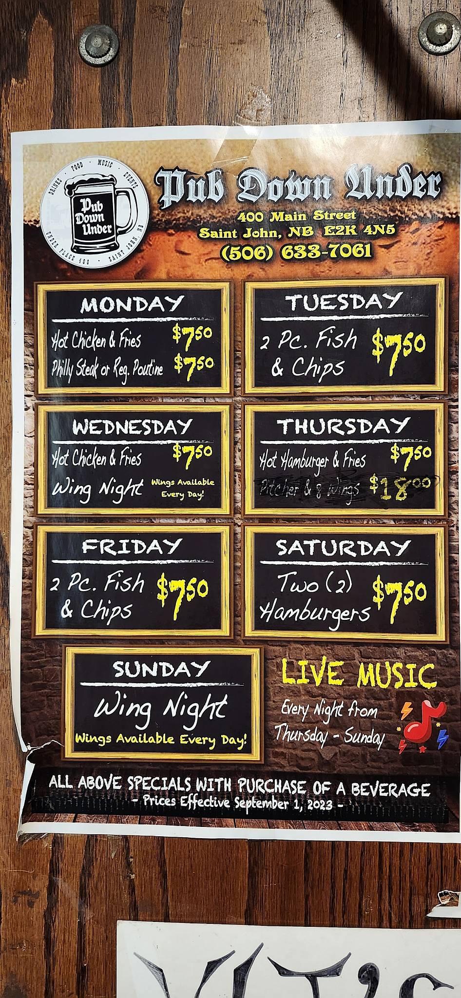 Menu at Pub Down Under, Saint John, Place 400
