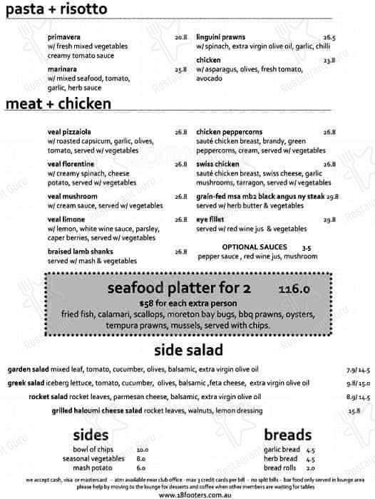 Menu at 18 Footers Bar, Restaurant & Cafe, Double Bay