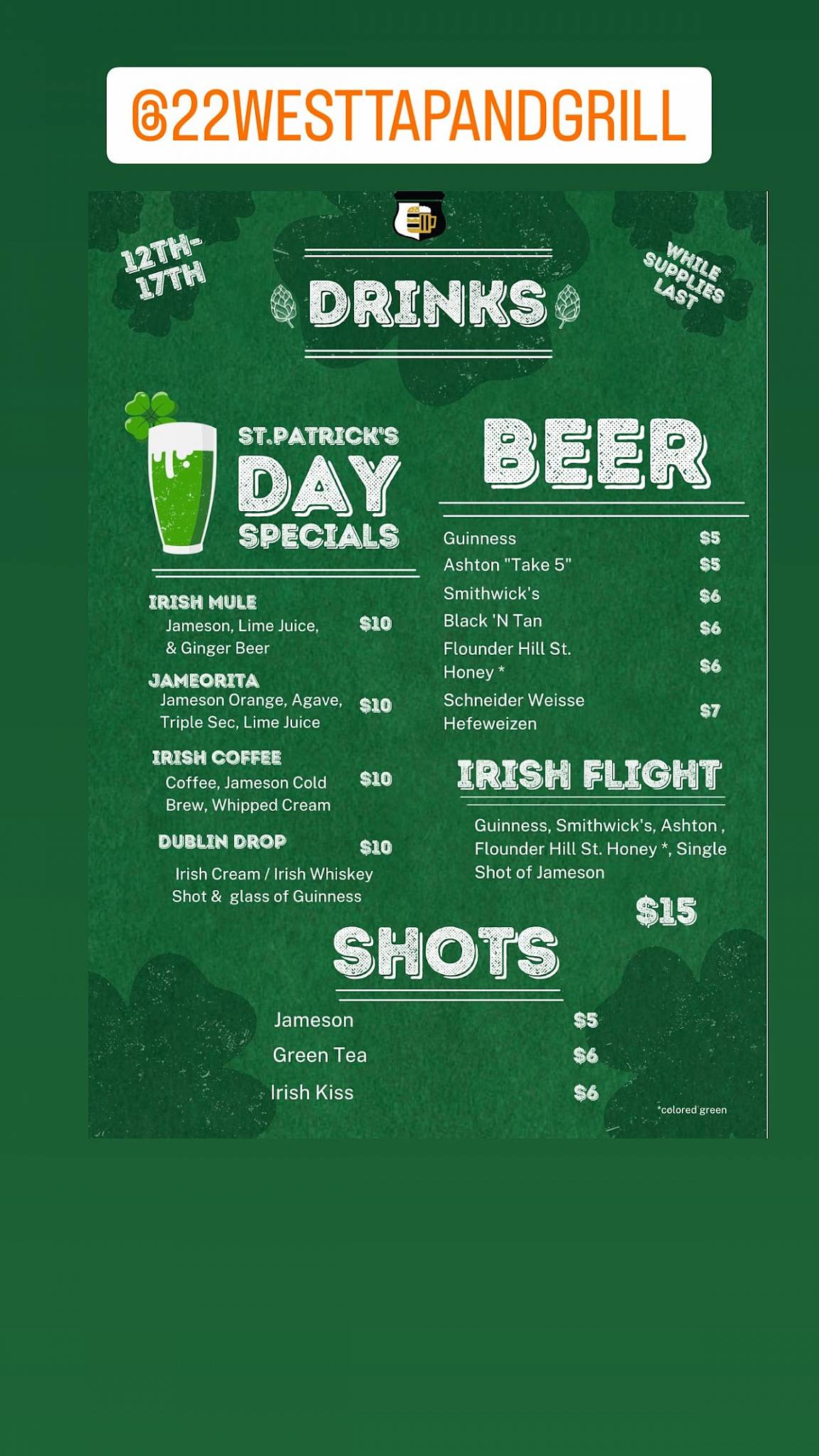 Menu at 22 West Tap and Grill pub & bar, Bridgewater, US-22