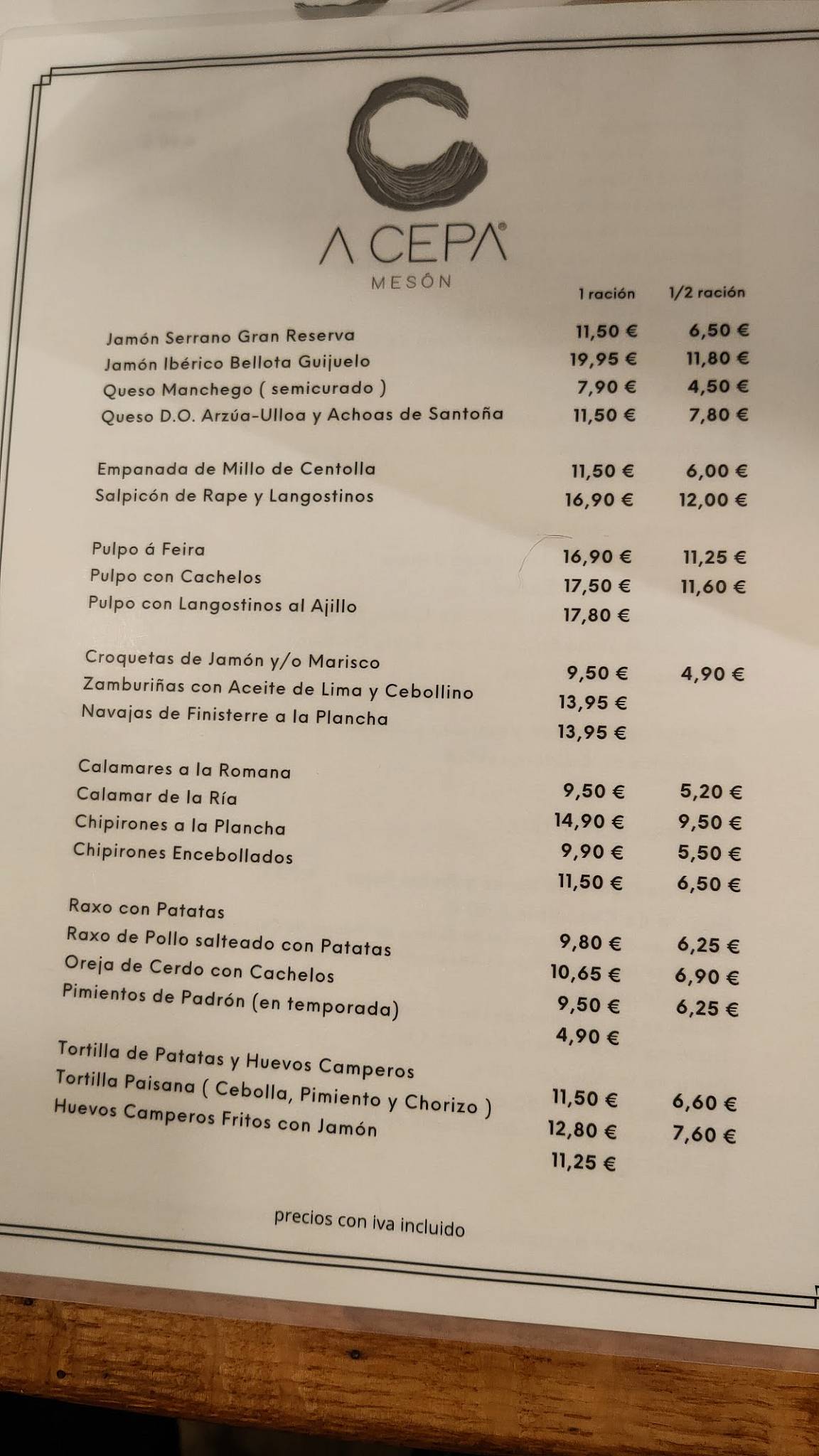 Carta del pub y bar Mesón A Cepa, O Burgo