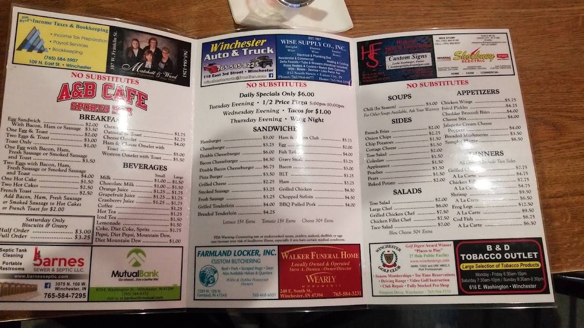 Menu at A & B Cafe, Winchester