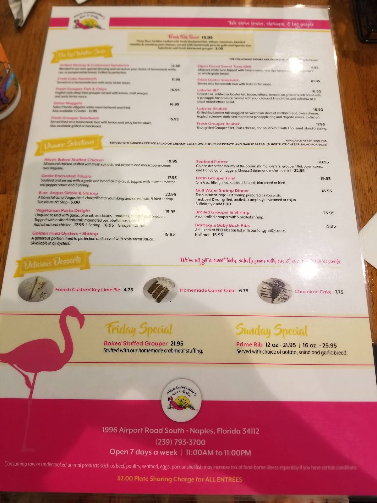 Menu at Alice Sweetwater's Bar & Grille, Naples