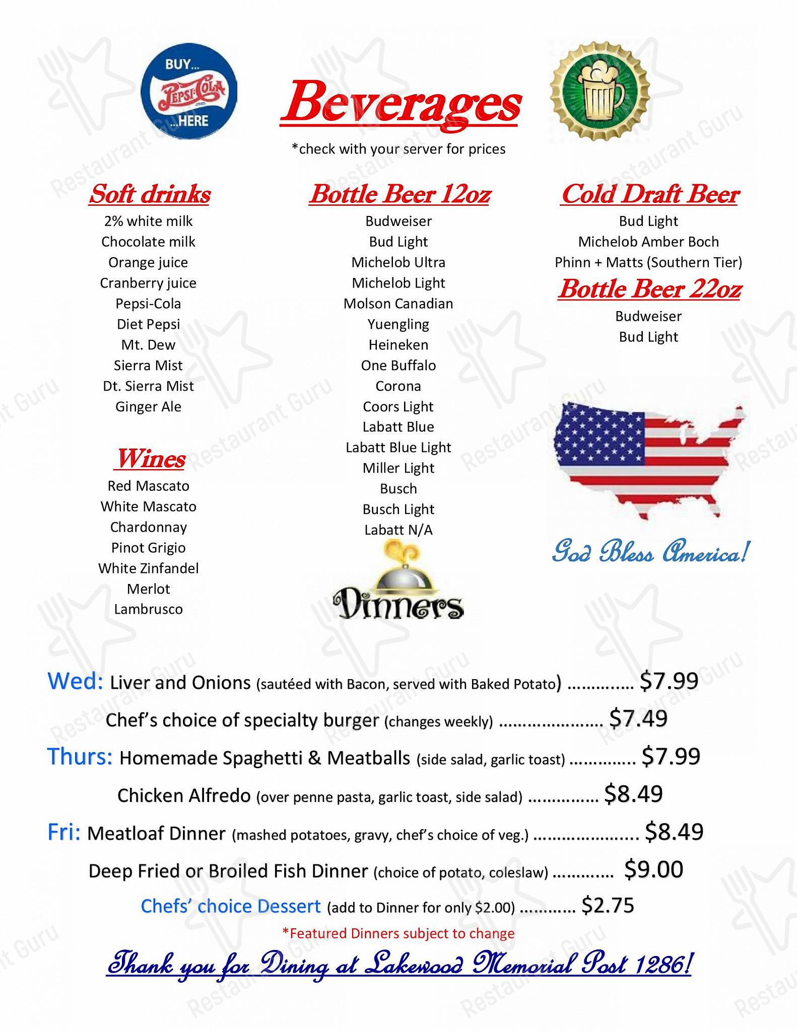 Menu at American Legion Post 1286 pub & bar, Lakewood