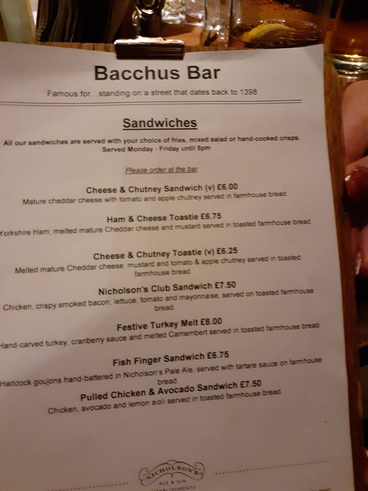 Menu at Bacchus Bar, Birmingham