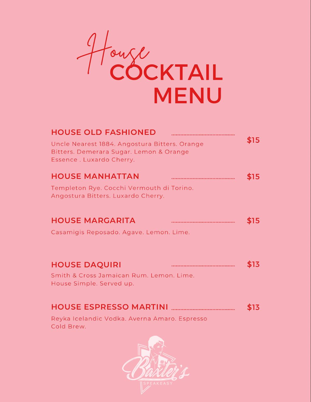 Menu at Baxter's Speakeasy pub & bar, Akron