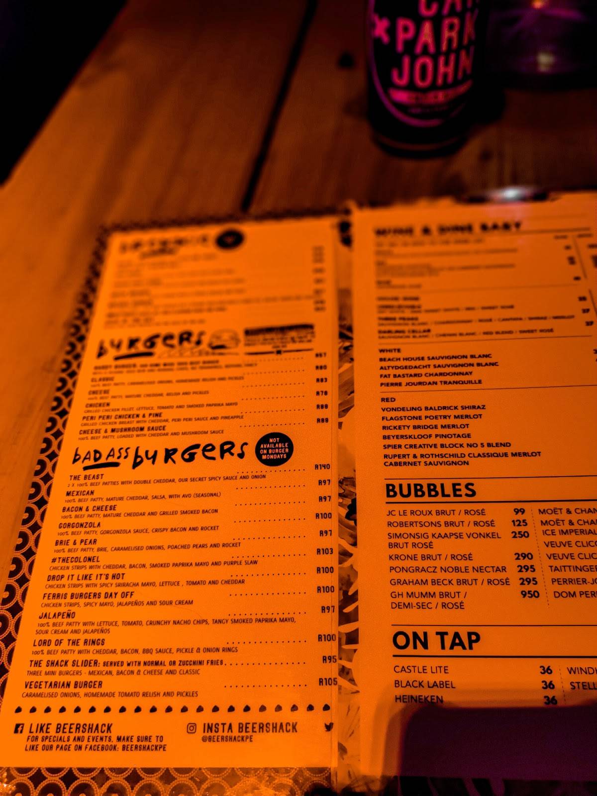 Menu at BeerShack pub & bar, Port Elizabeth, Dolphin's Leap