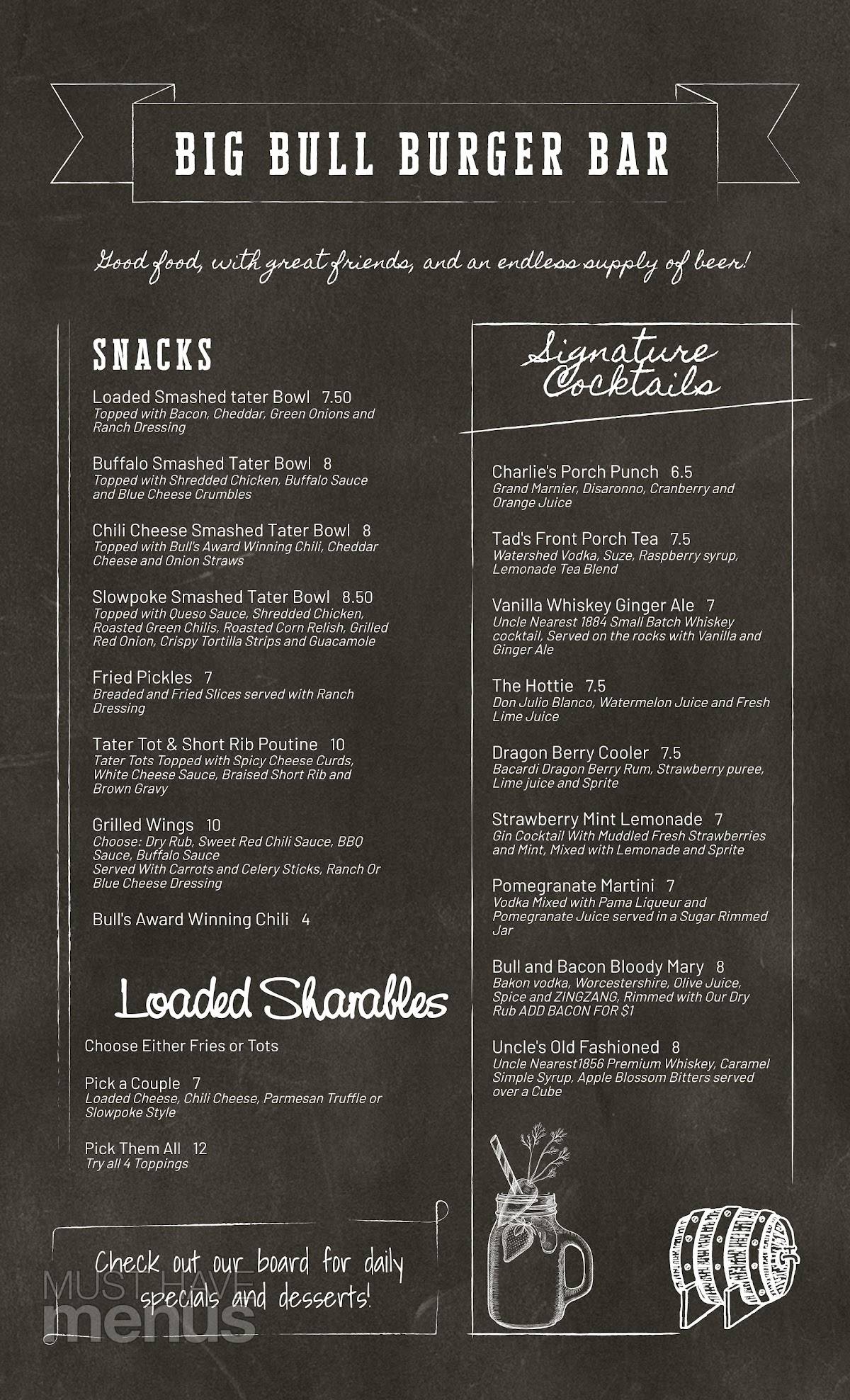 Menu at Big Bull Burger Bar, Cincinnati