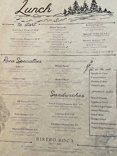 Menu at Bistro Roca pub & bar, Blowing Rock, 143 Wonderland Trail