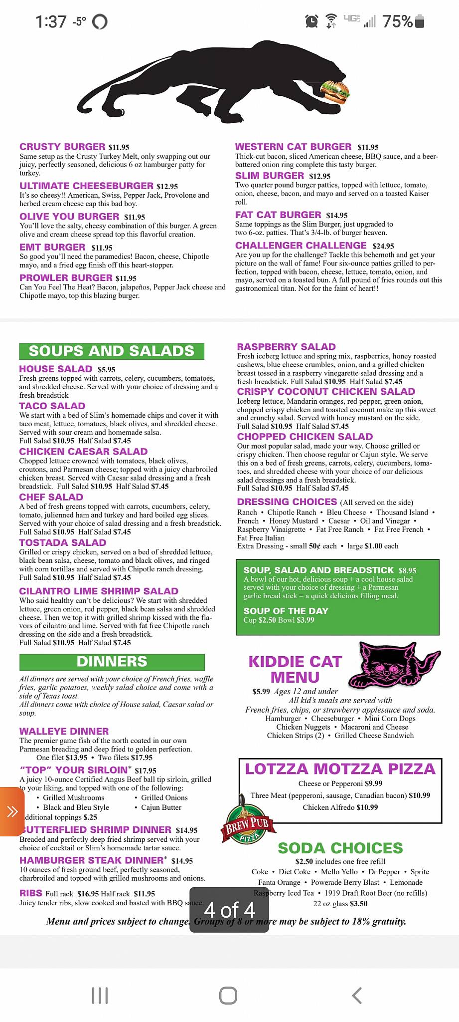Menu at Black Cat Sports Bar & Grill, Thief River Falls
