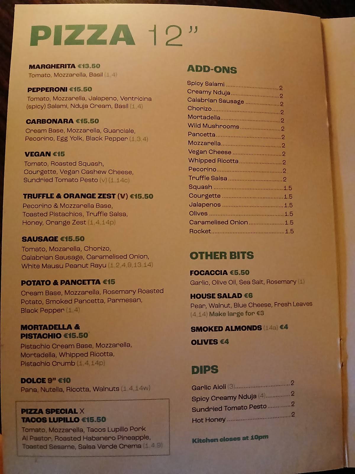 Menu at Bonobo, Smithfield pub & bar, Dublin