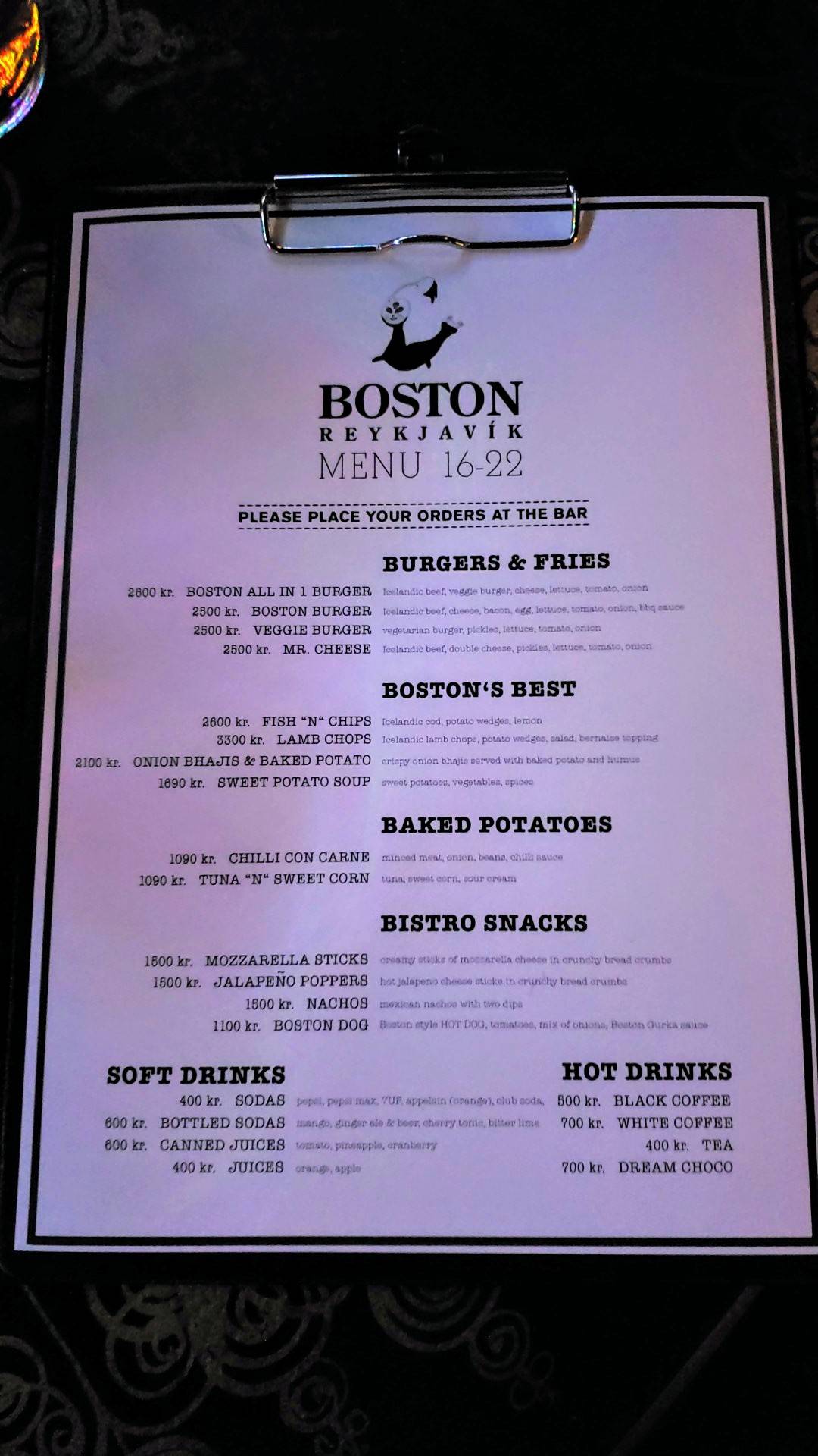 Menu at Boston Reykjavik pub & bar, Reykjavík