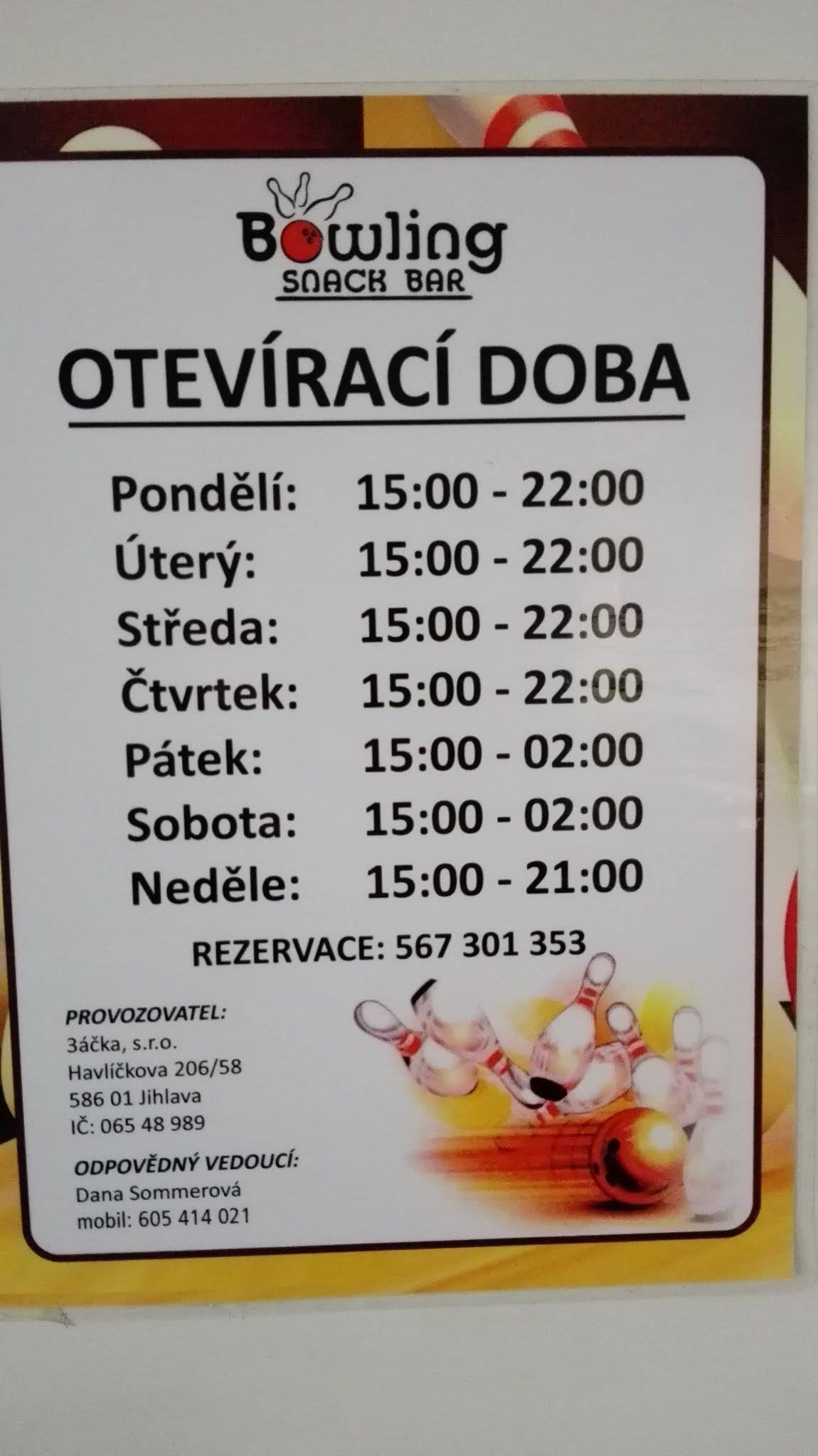 Menu at Bowling snack bar, Jihlava