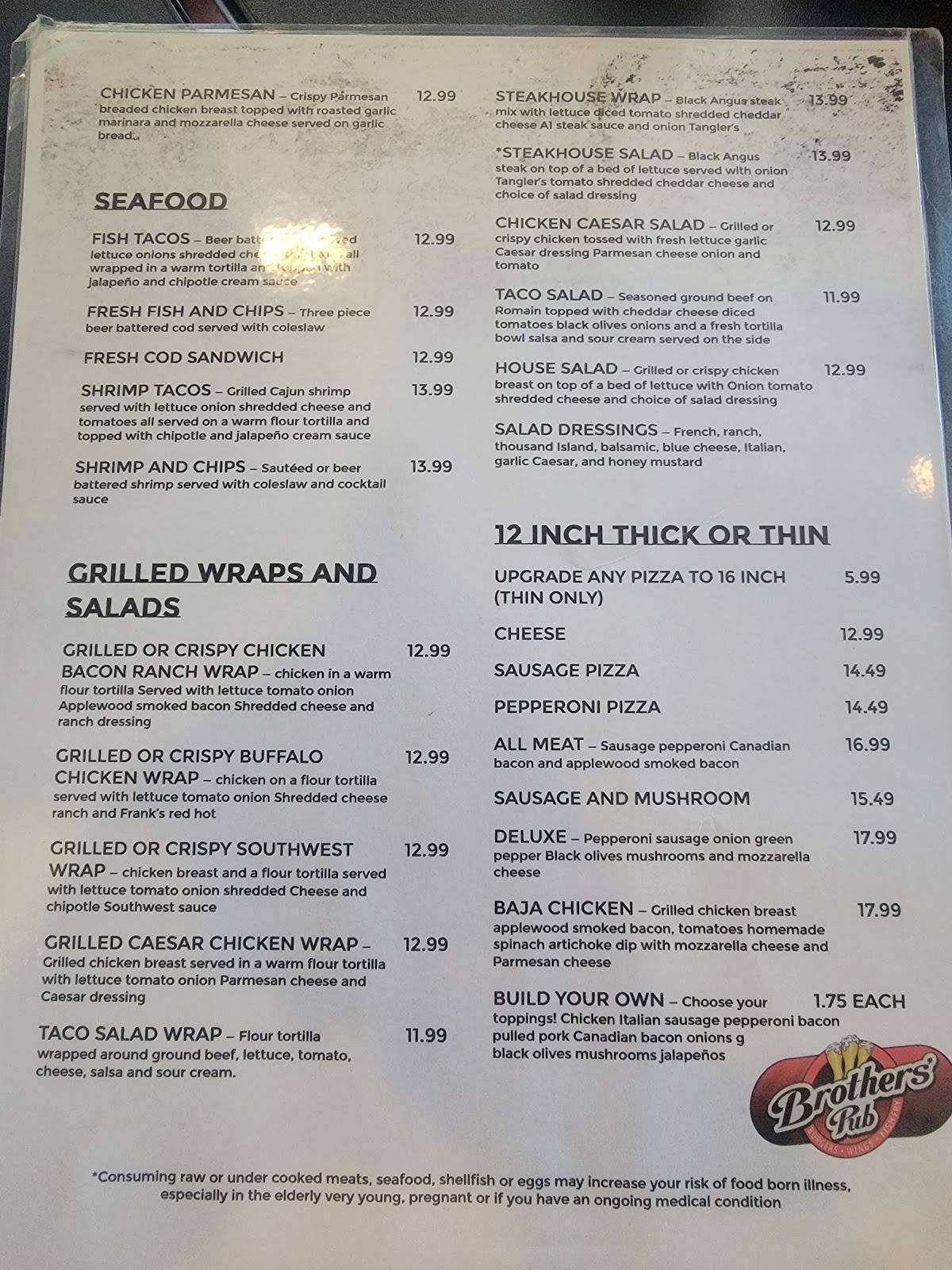 Menu at Brothers' Pub, Shawano, W5867 Lake Dr
