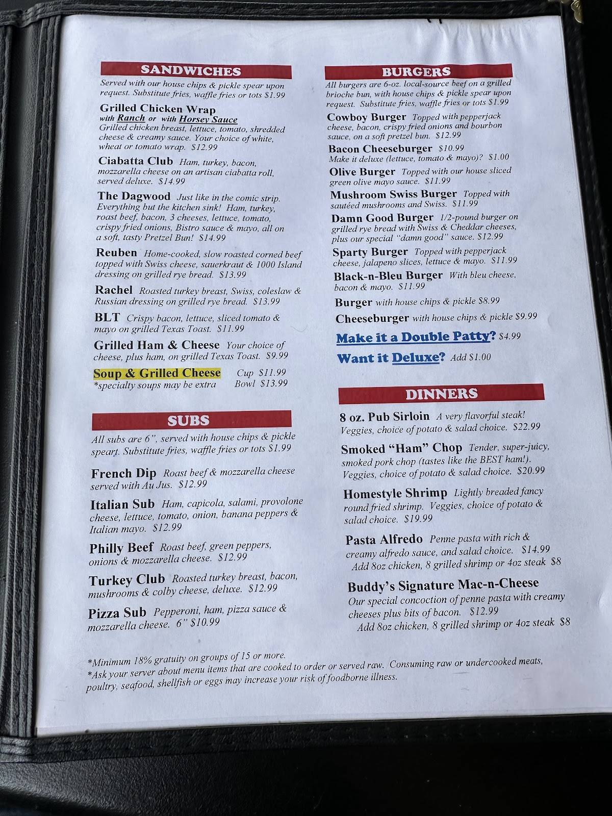 Menu at Buddy's on the Beach pub & bar, Lake Odessa