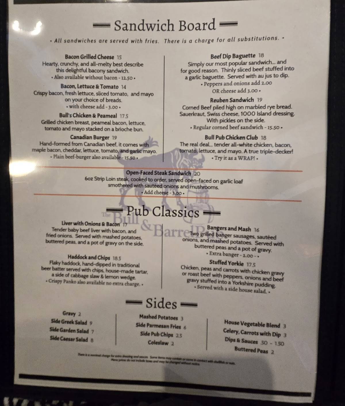 Menu at Bull and Barrel Pub, Barrie