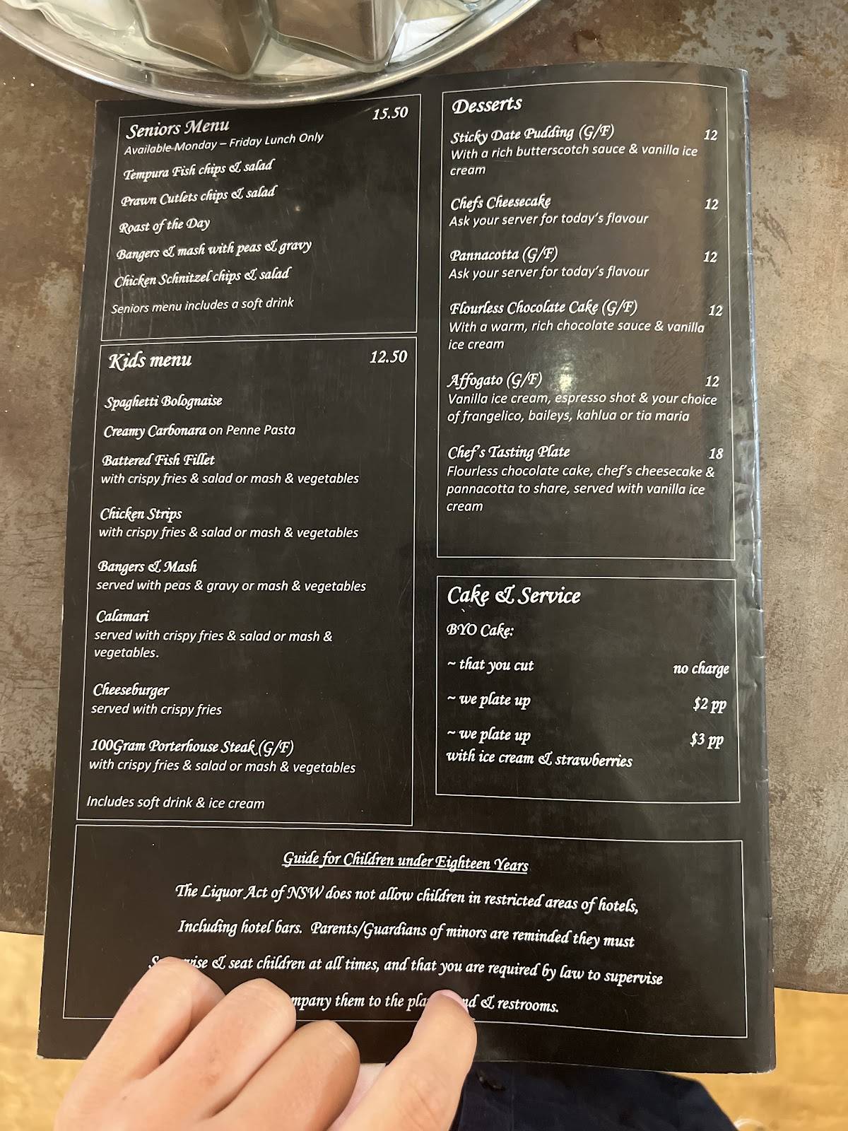 Menu at Bushrangers Bar, Largs