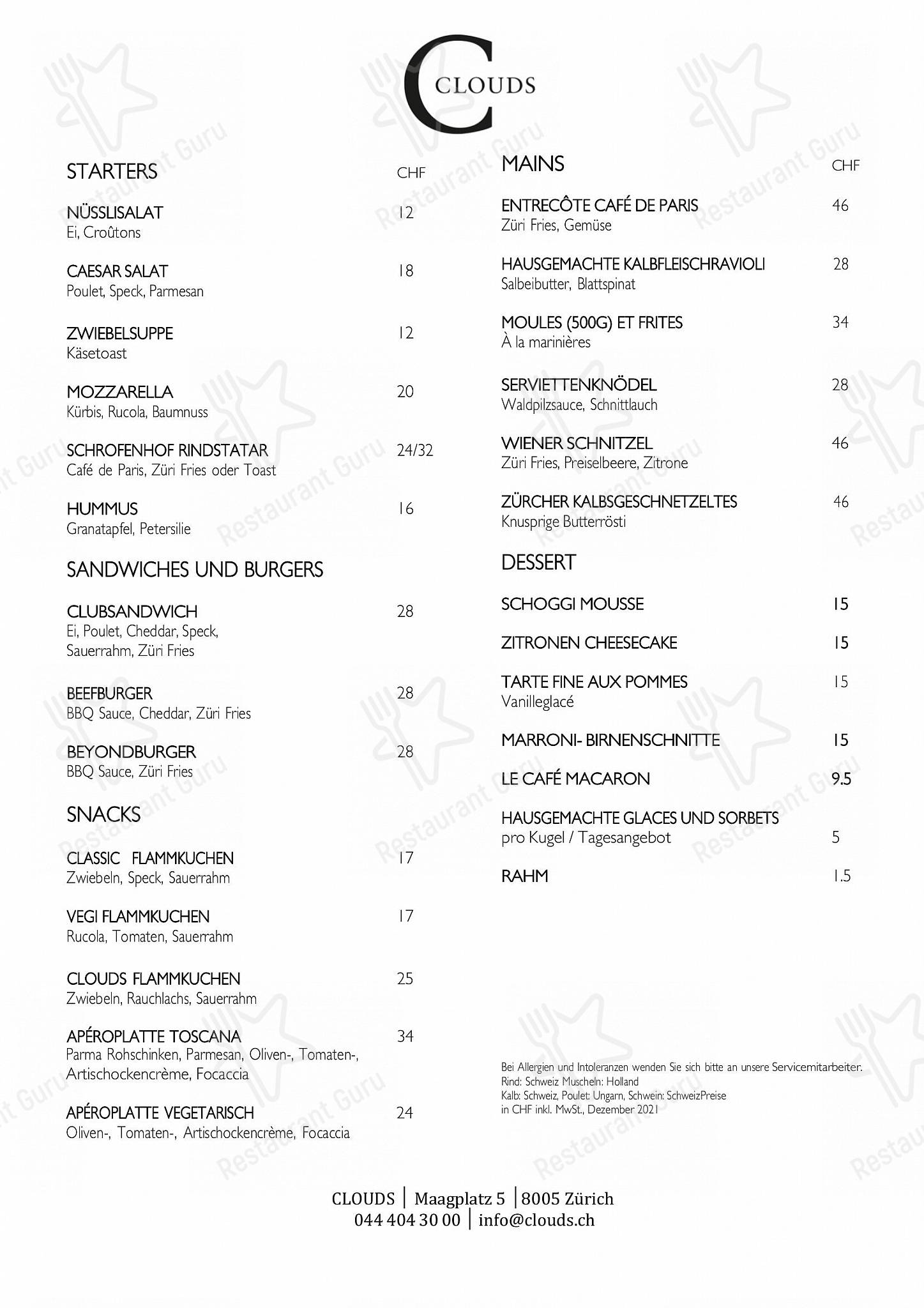 Menu at CLOUDS, Zürich, Maagpl. 5