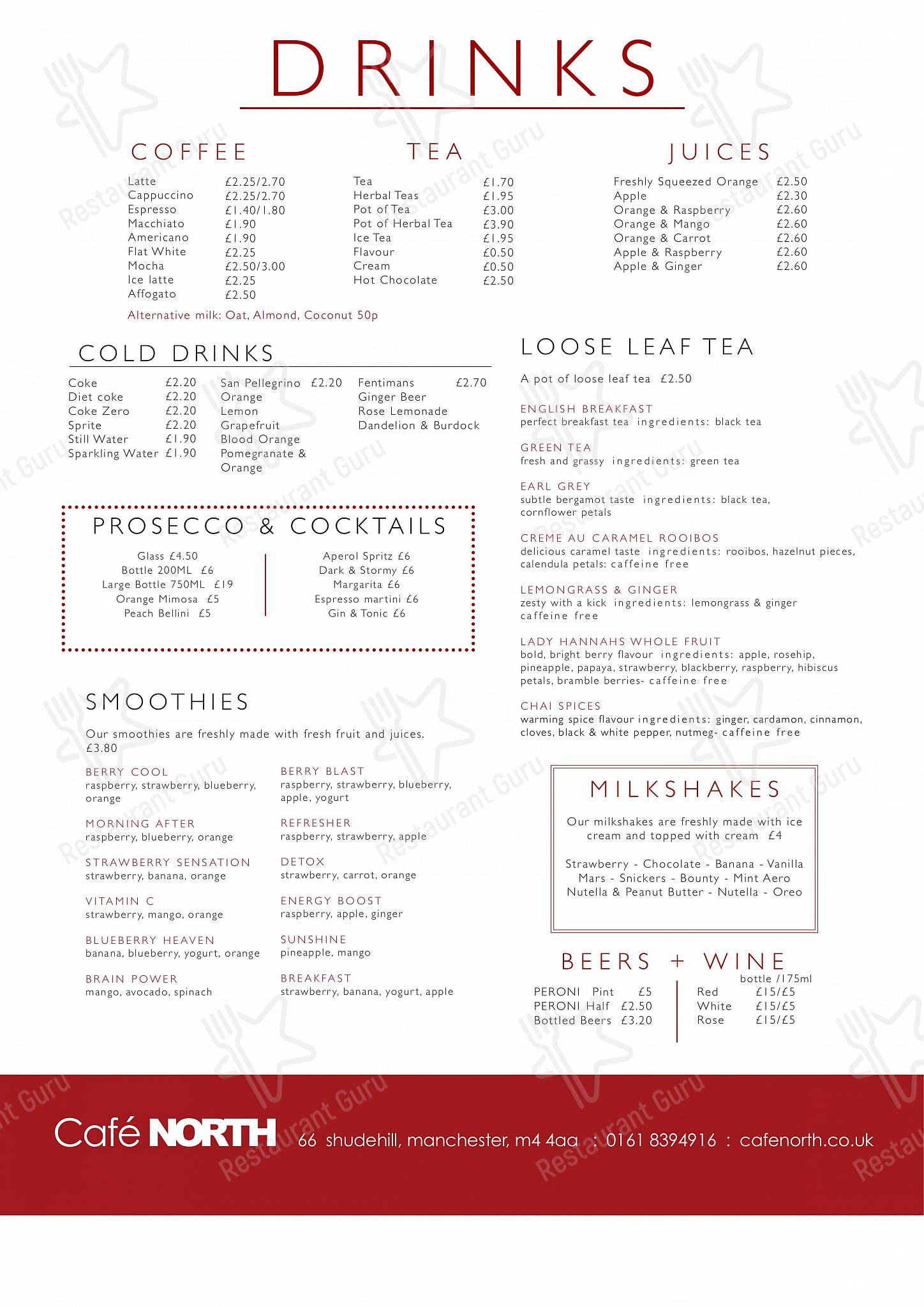 Menu at Cafe North, Manchester, 66 Shudehill
