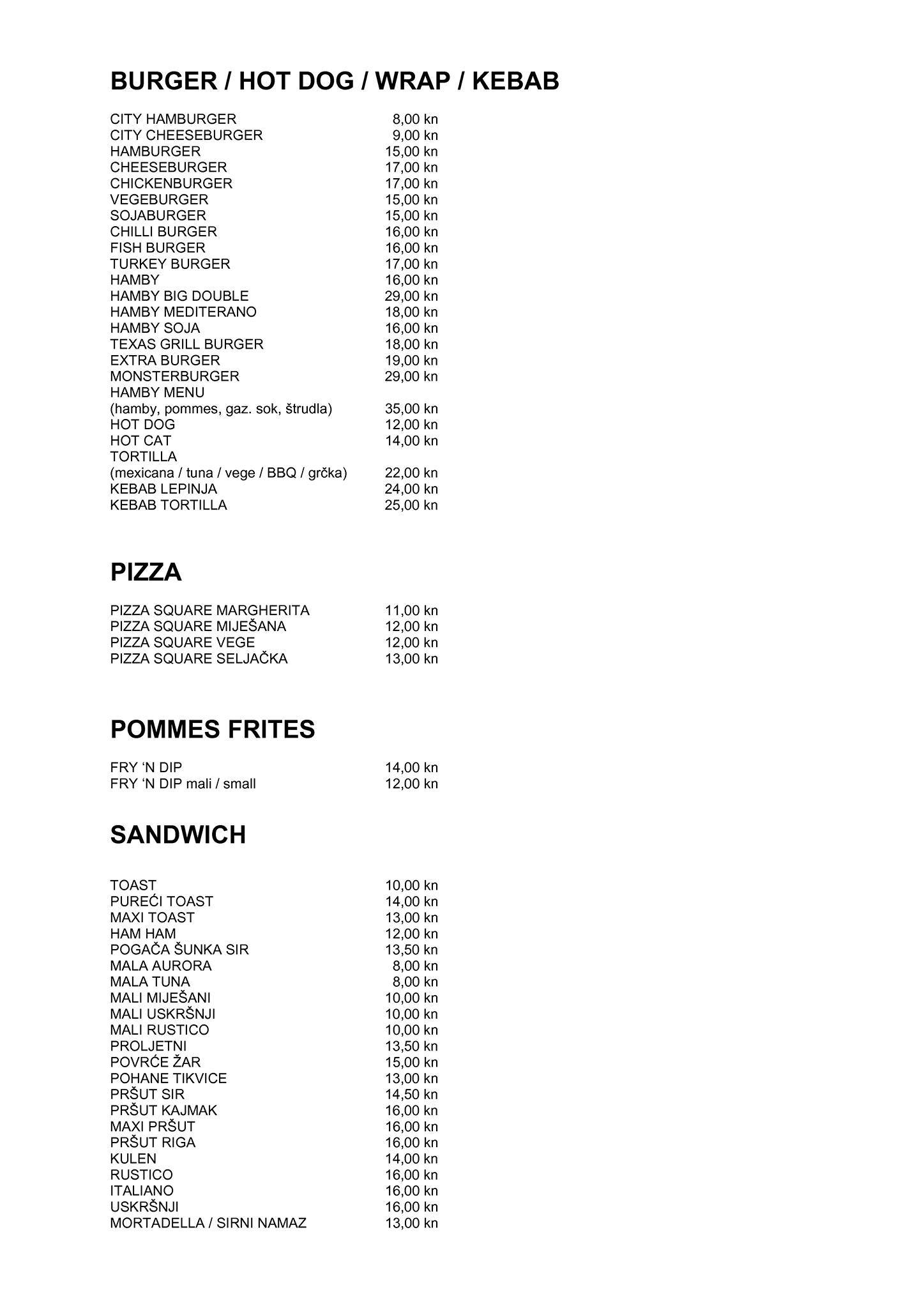 Menu at Food City restaurant, Rijeka, Ul. Frana Supila