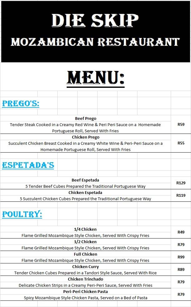 Menu at Die Skip Restaurant, South Africa