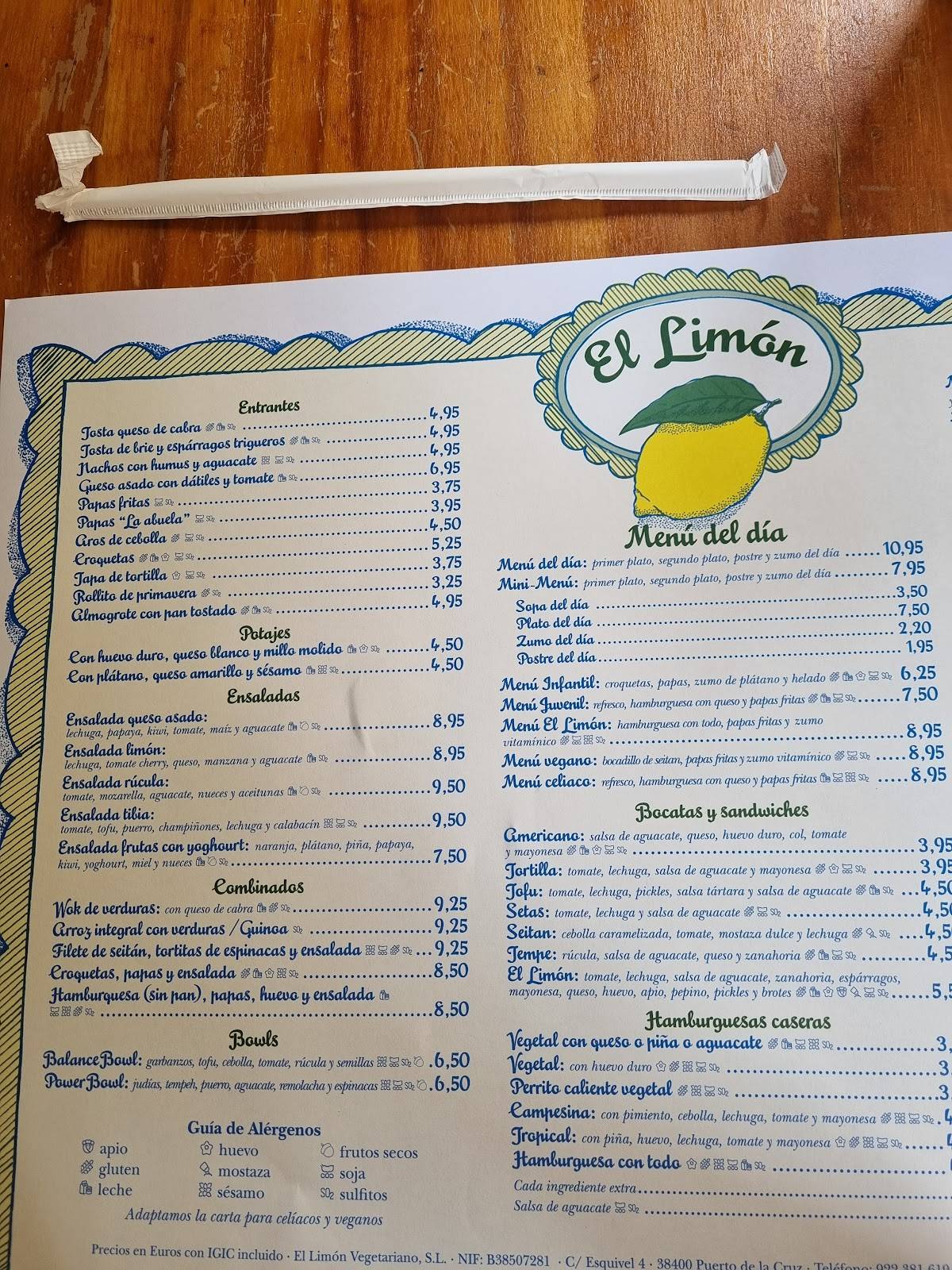 Carta de Restaurante El Limón, Puerto de la Cruz