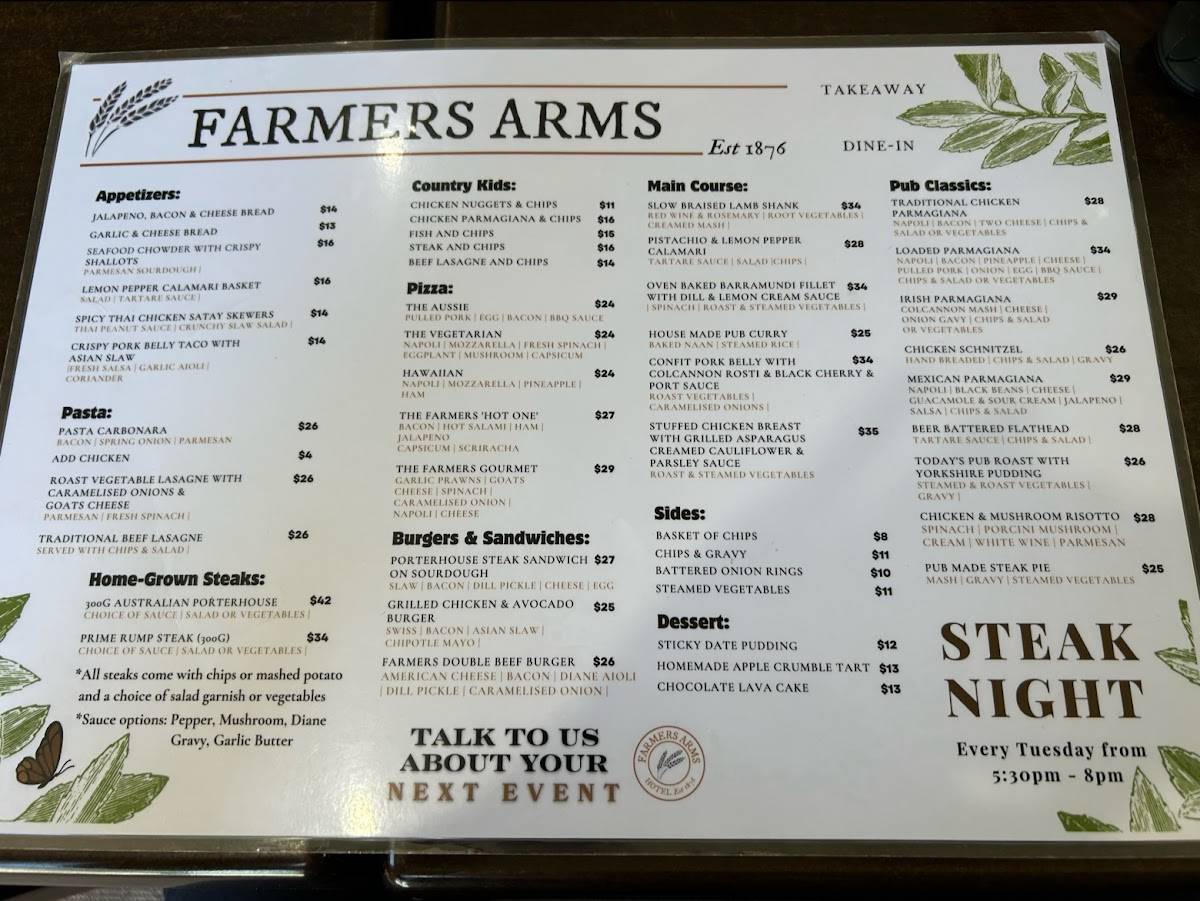 Menu at Farmers Arms Hotel pub & bar, Junortoun
