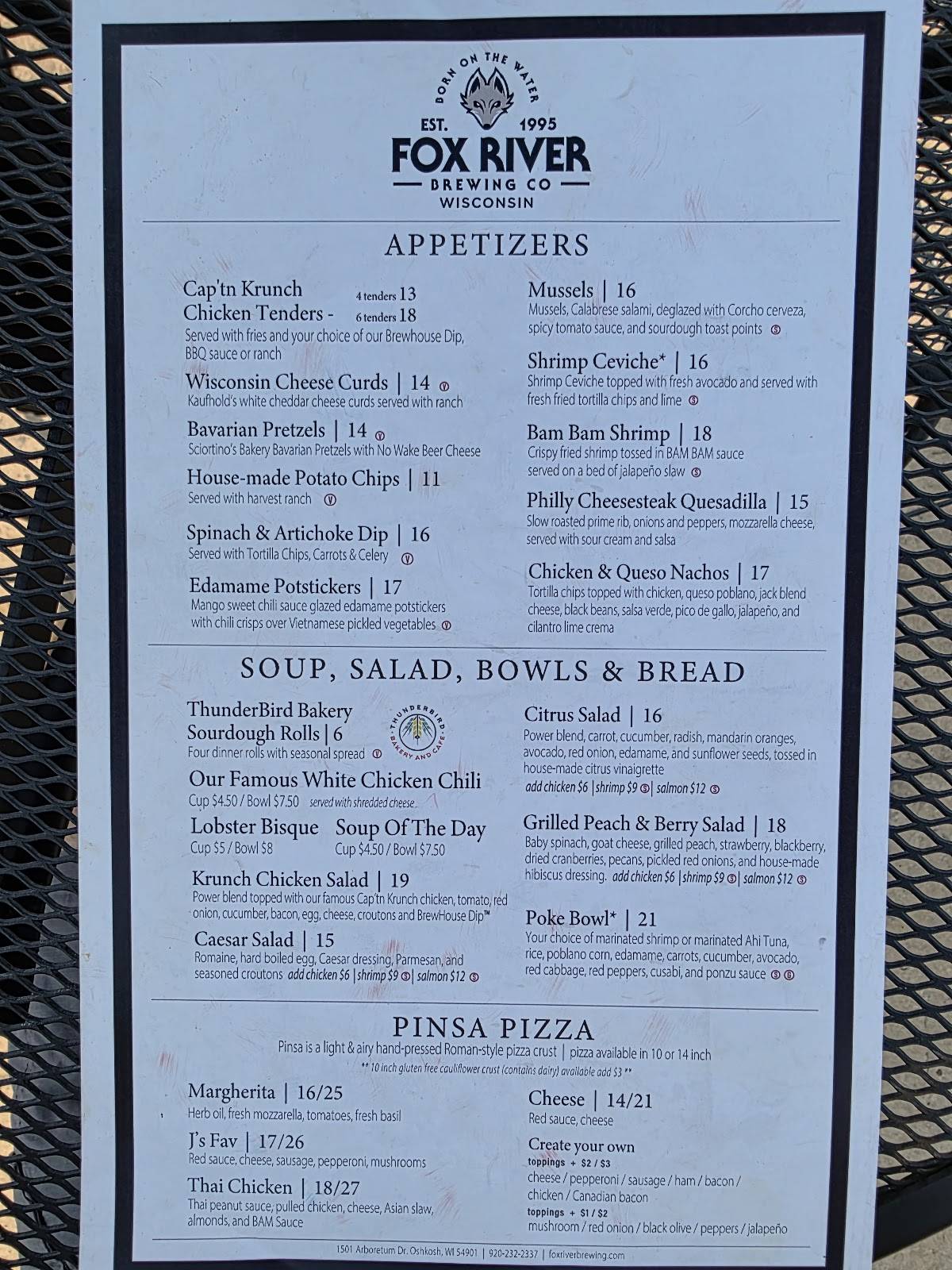 Menu at Fox River Brewing Company Waterfront Restaurant, Oshkosh