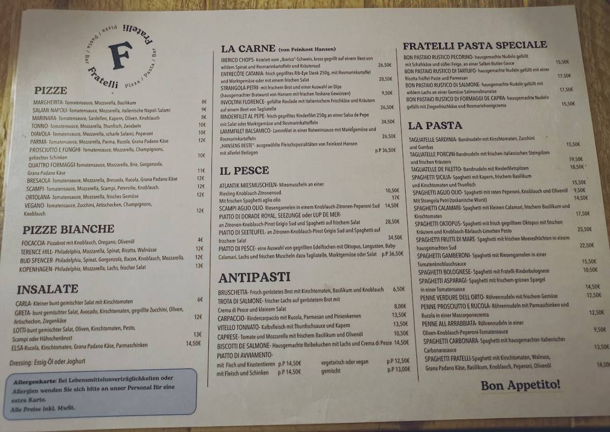 Menu at Fratelli Pizza • Pasta • Bar, Telgte