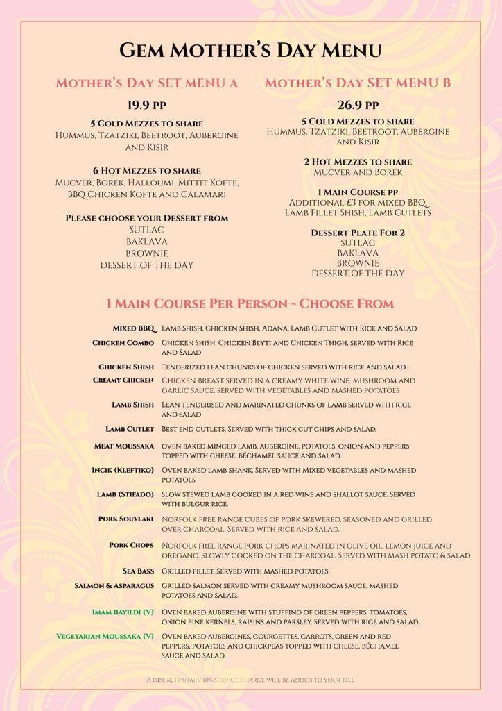 Menu at Gem of Norwich restaurant, Norwich