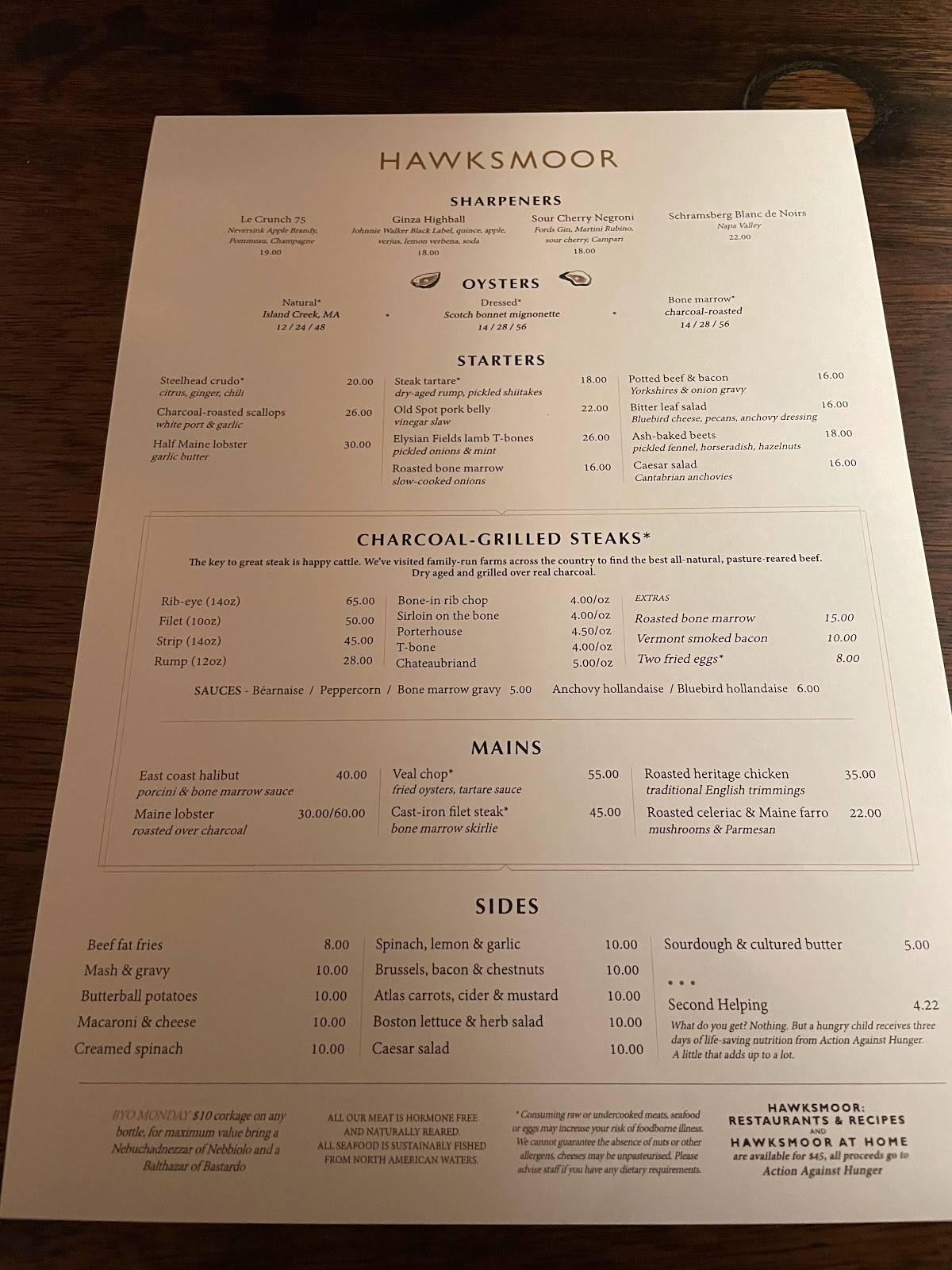 Меню стейк хауса Hawksmoor NYC, Нью-Йорк