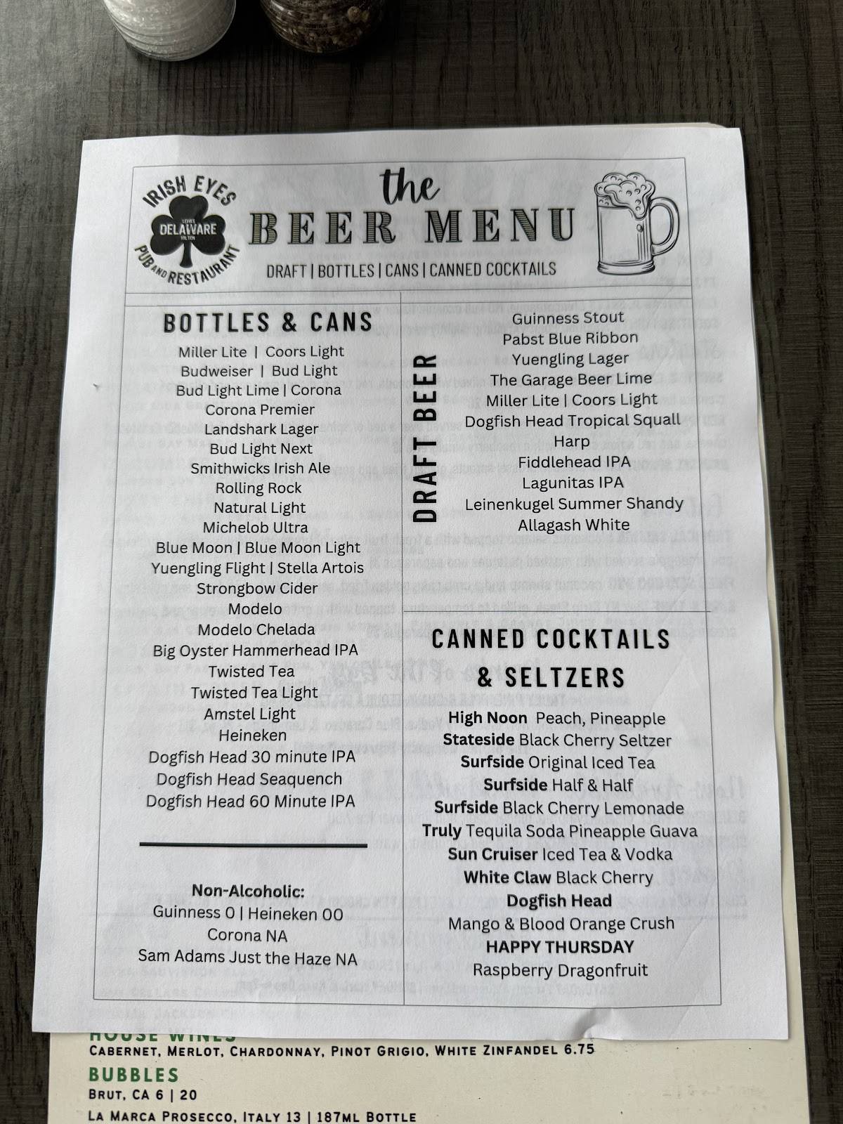 Menu at Irish Eyes Pub & Restaurant, Lewes, 213 Anglers Rd