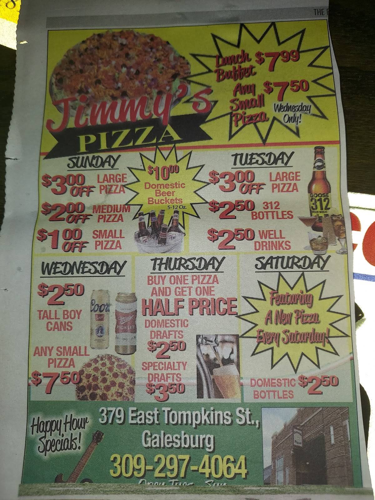 Menu at Jimmys Pizza pub & bar, Galesburg, 379 E Tompkins St