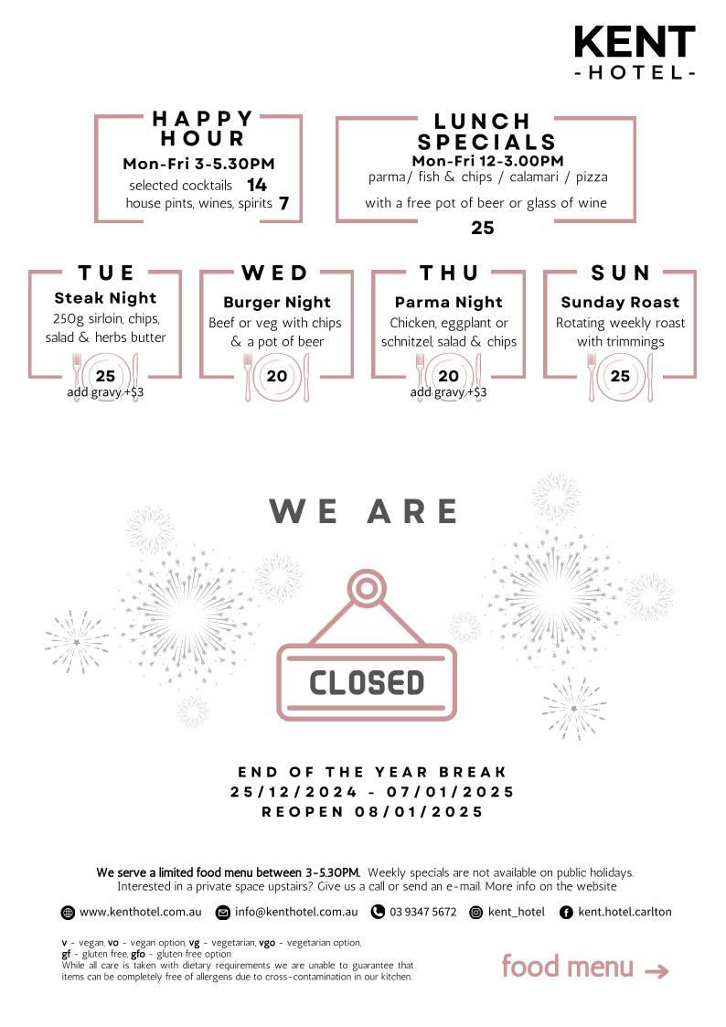 Menu at Kent Hotel pub & bar, Carlton North