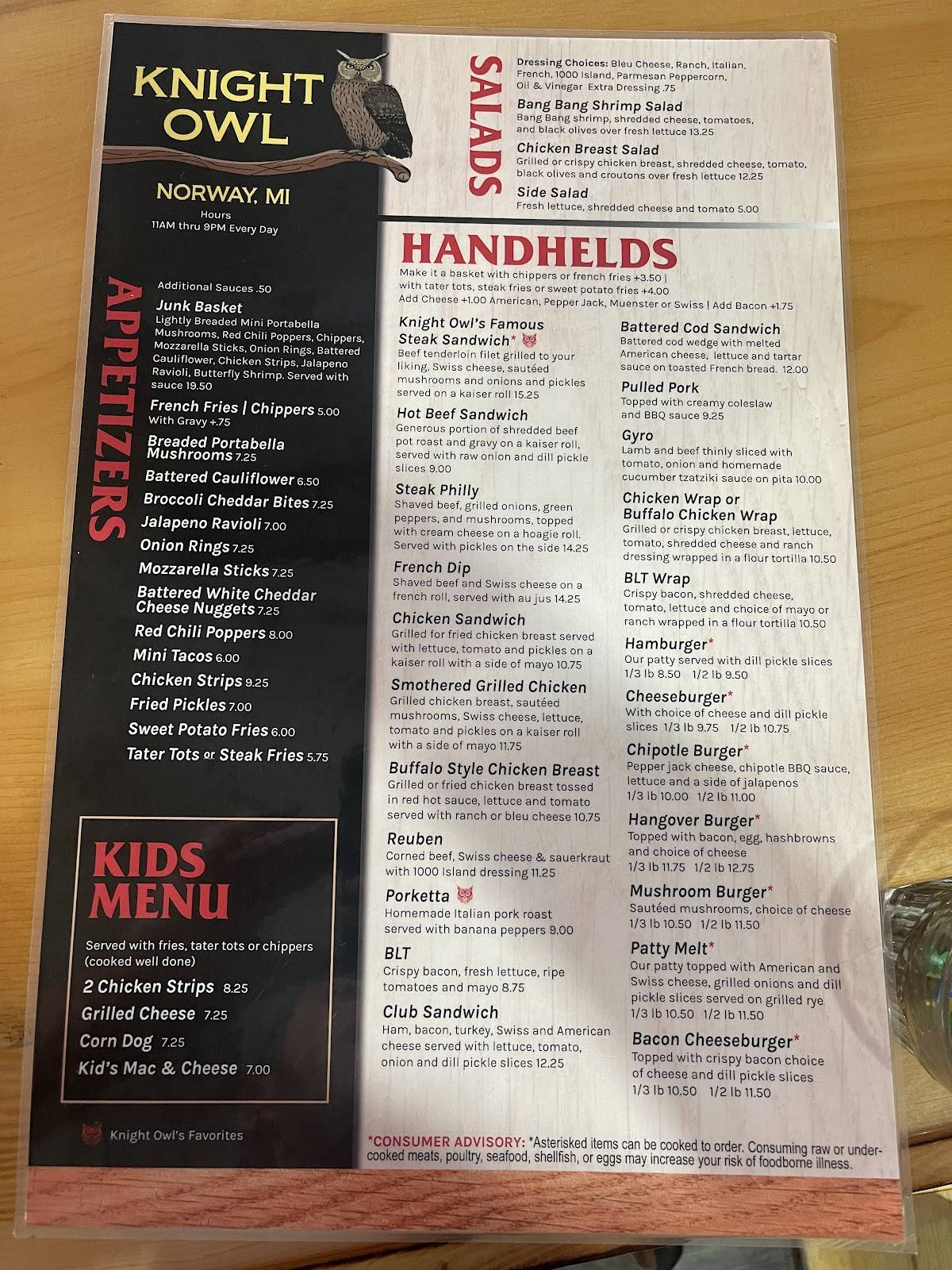 Menu at Knight Owl pub & bar, Norway