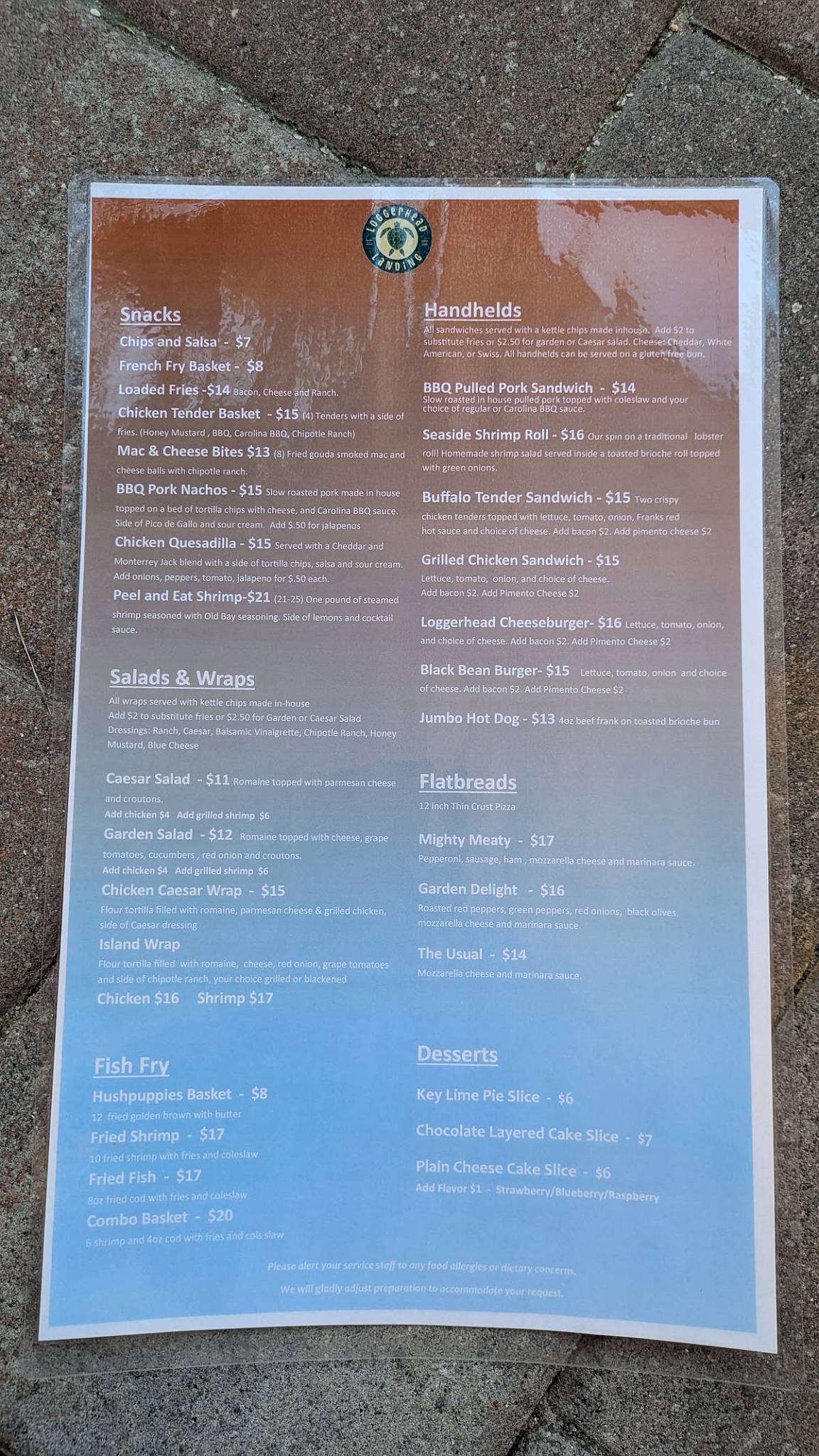 Menu at Loggerhead Landing pub & bar, Hilton Head Island