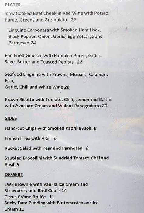 Menu at Lower West Side restaurant, Williamstown