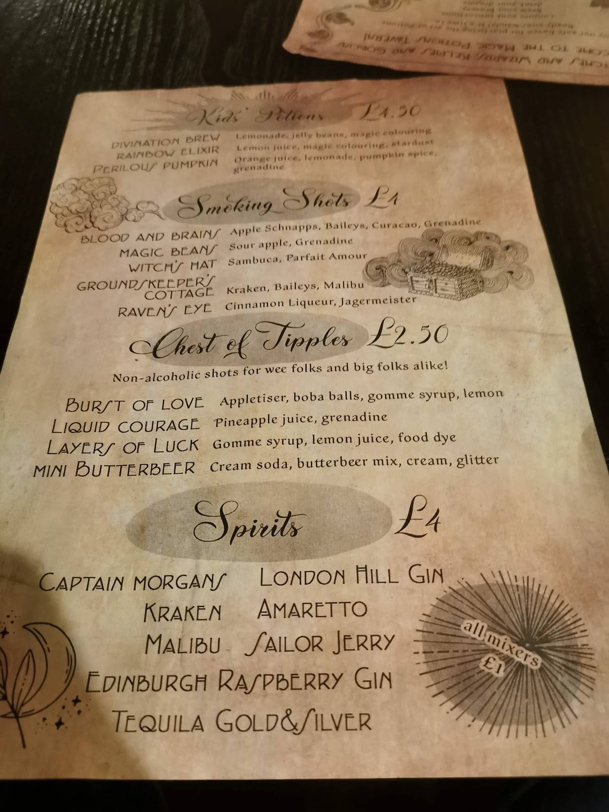 Menu at Magic Potions Tavern pub & bar, Edinburgh