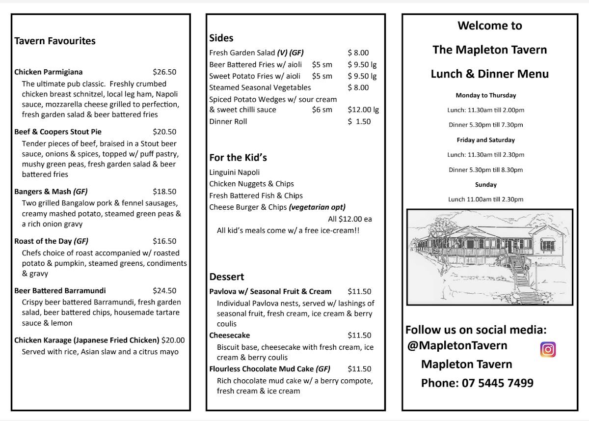 Menu at Mapleton Public House, Mapleton, 2 Flaxton Dr