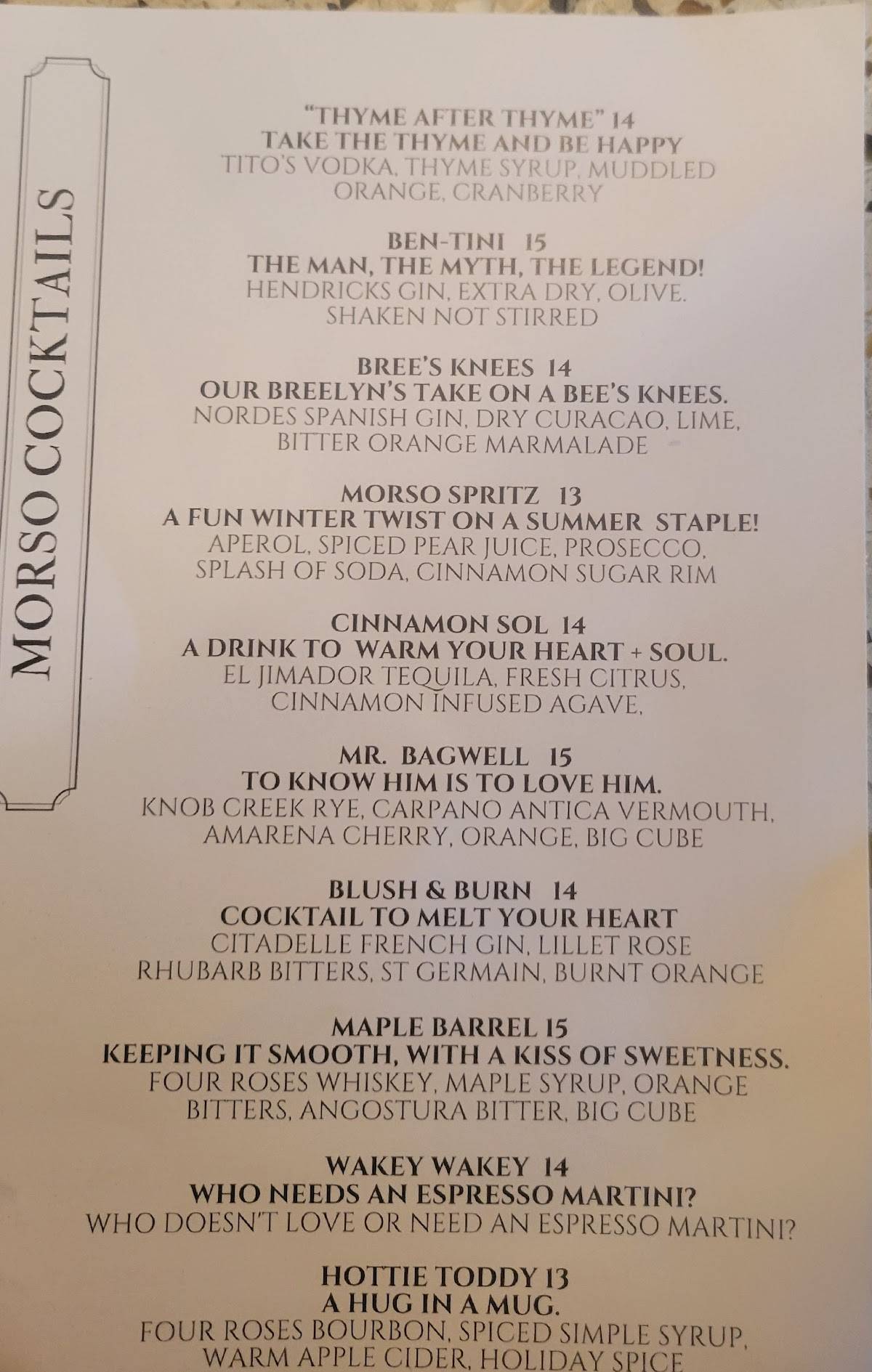 Menu at Morso Bistro, Morso Market and Morso Wine Market pub & bar, Gig ...
