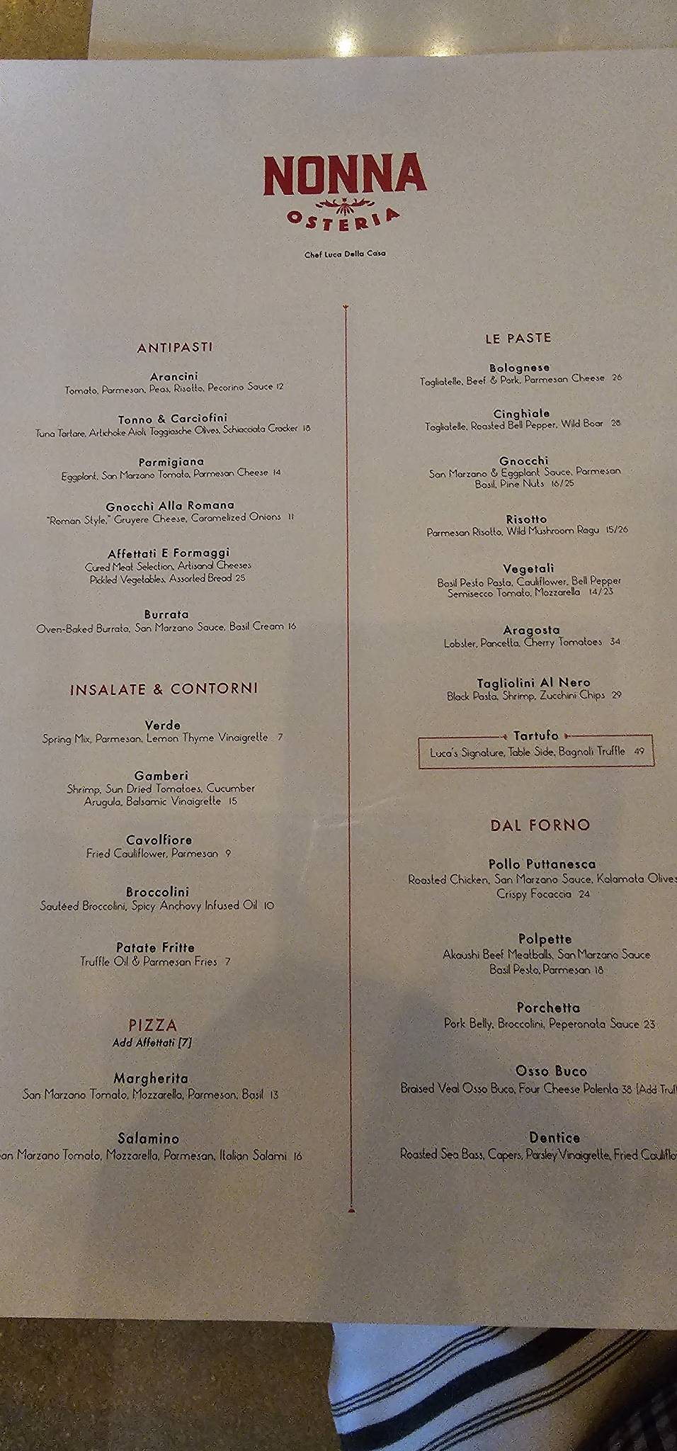 Menu at NONNA Osteria - 1604 pub & bar, San Antonio