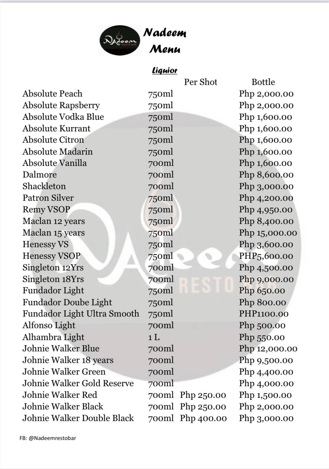 Menu at Nadeem Resto Bar, Cainta, A. Bonifacio Avenue cor. L. Santos St ...