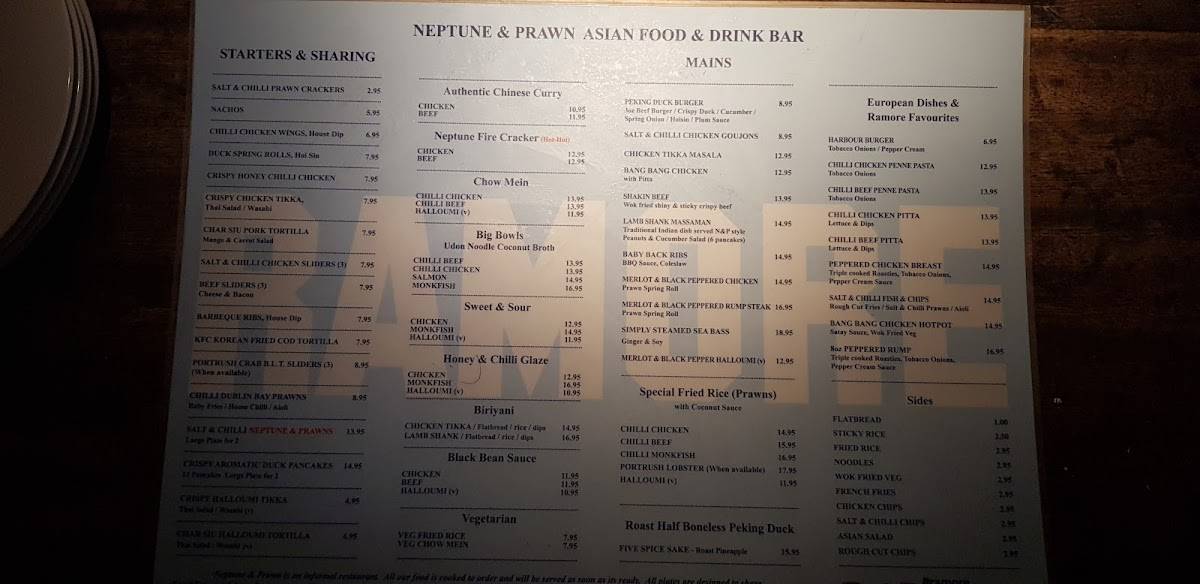 Menu at Neptune & Prawn pub & bar, Portrush