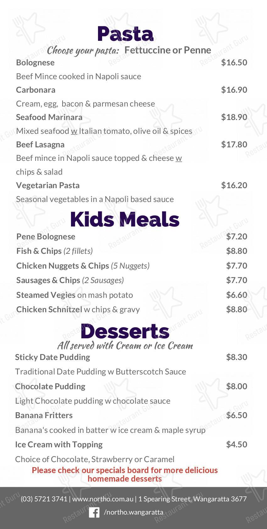 Menu at North Eastern Hotel pub & bar, Wangaratta