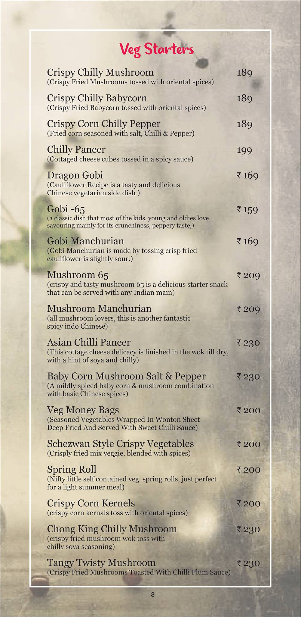 Menu at OASIS BHAGINI, Bengaluru