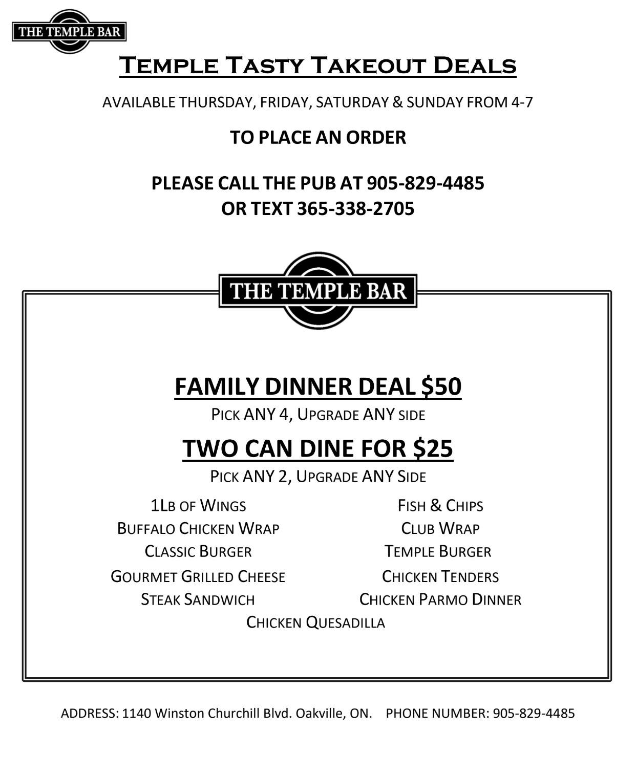 Menu au The Temple Bar, Menu, Oakville